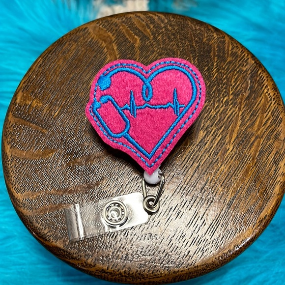 Accessories | New Badge Reel Pink Heat With Teal Stethoscope And Heart ...